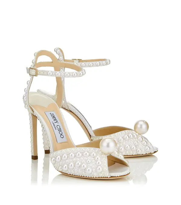 JIMMY CHOO Sacora 100 Pearl Embellished Satin Sandals - White