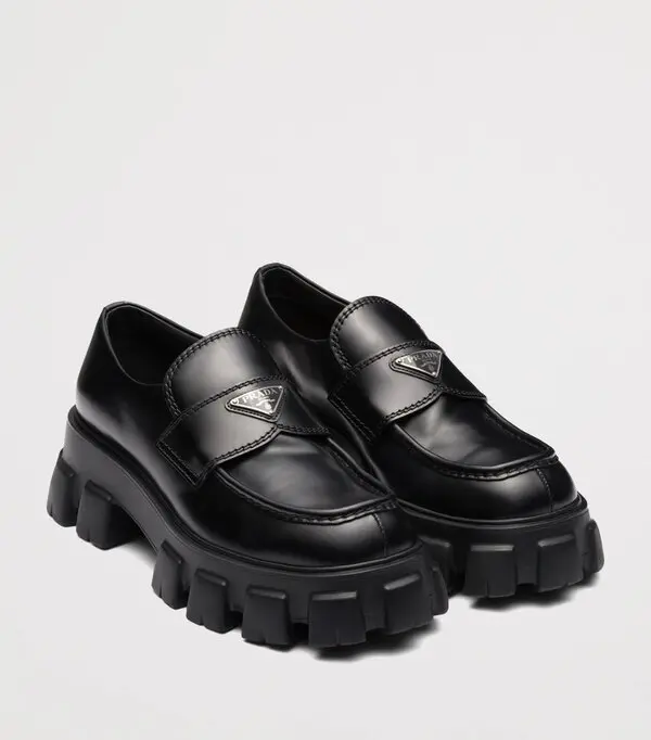 Prada Brushed Leather Monolith Loafers - Black