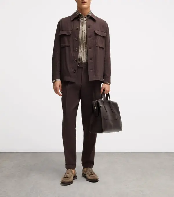 BOSS Linen Striped Shirt - Brown