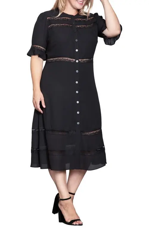 STANDARDS & PRACTICES Lace Inset Georgette Midi Dress - Black