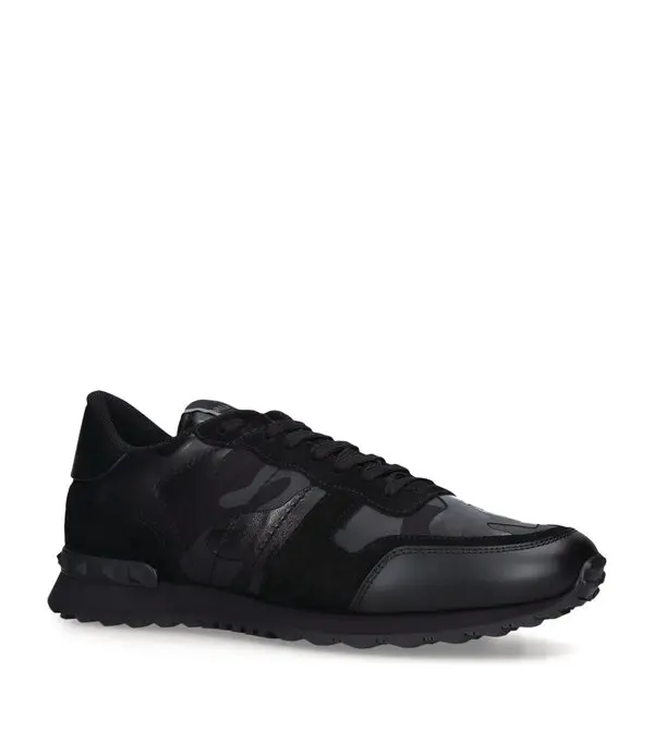 Valentino Garavani Tonal Camouflage Leather And Suede Sneakers - Black