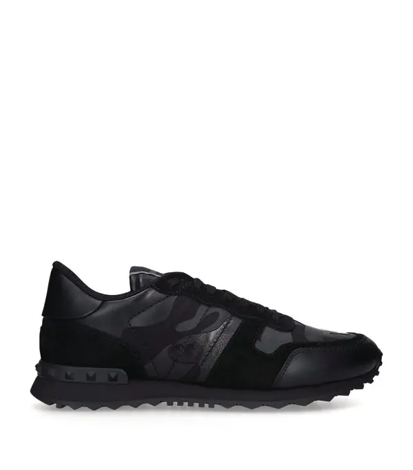 Valentino Garavani Tonal Camouflage Leather And Suede Sneakers - Black