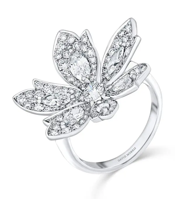DAVID MORRIS White Gold And Diamond Palm Flower Ring - Clear