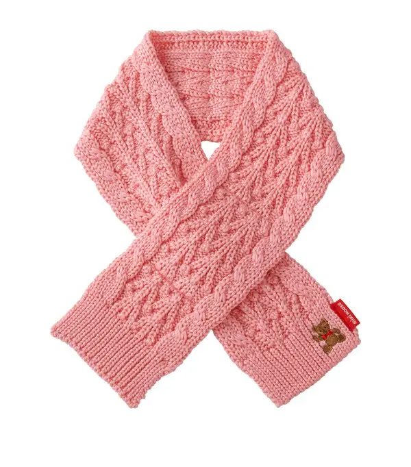 MIKI HOUSE Cable-knit Bear-embroidered Scarf - Pink