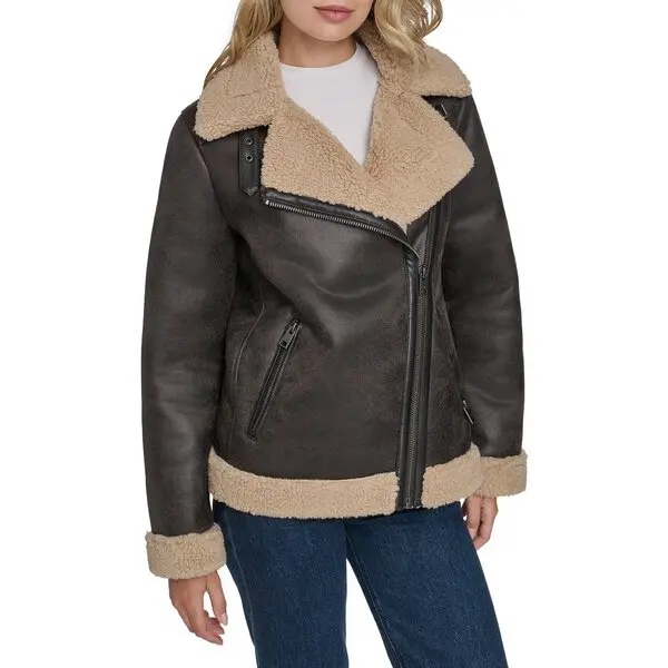 LEVI'S Faux Shearling Lined Faux Leather Moto Jacket - Molasses