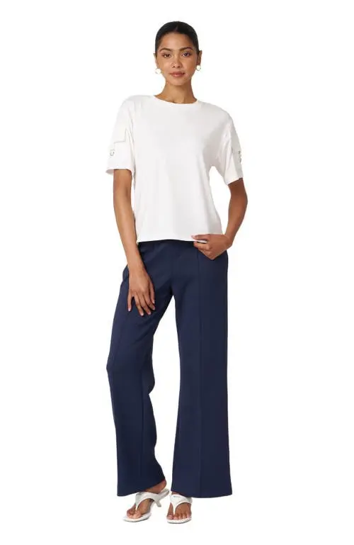 REBODY Pintuck Wide Leg Scuba Knit Pant - Cool Navy