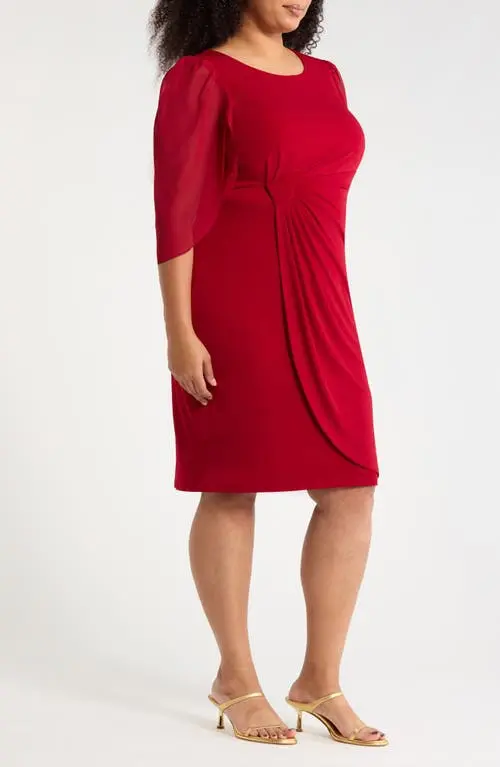 CONNECTED APPAREL Chiffon Sleeve Faux Wrap Dress - Crimson