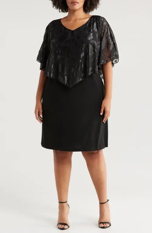 CONNECTED APPAREL Floral Jacquard Cape Overlay Cocktail Dress