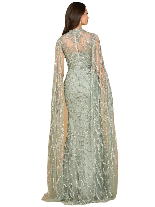 LARA NEW YORK High Neck Gown With Long Cape Sleeves - Grey
