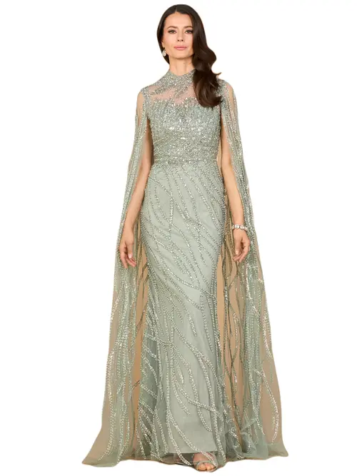 LARA NEW YORK High Neck Gown With Long Cape Sleeves - Grey