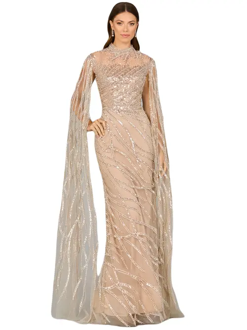 LARA NEW YORK High Neck Gown With Long Cape Sleeves - Nude