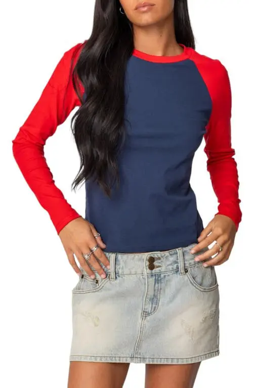 EDIKTED Tommi Stretch Cotton Baseball T-shirt - Navy-and-red