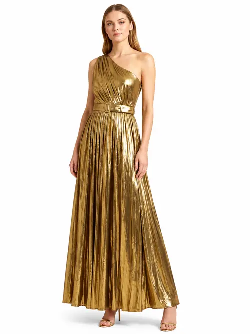LARA NEW YORK One Shoulder Metallic Gown With Cape Effect - Balck