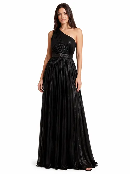 LARA NEW YORK One Shoulder Metallic Gown With Cape Effect - Balck