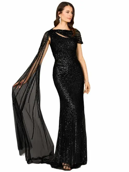 LARA NEW YORK One Shoulder Gown With Sheer Cape Sleeve And Sequin Embellishments - Black