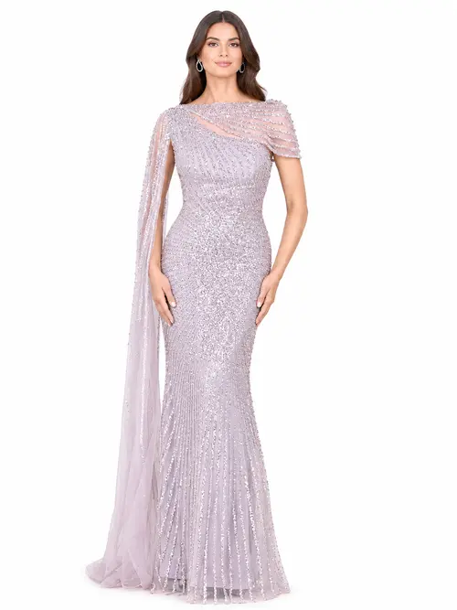 LARA NEW YORK One Shoulder Metallic Gown With Cape Effect - Purple