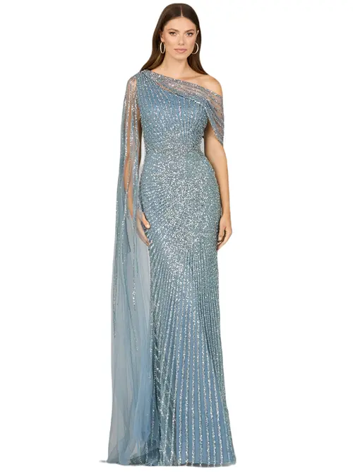 LARA NEW YORK One Shoulder Gown With Sheer Cape Sleeve And Sequin Embellishments - Slate