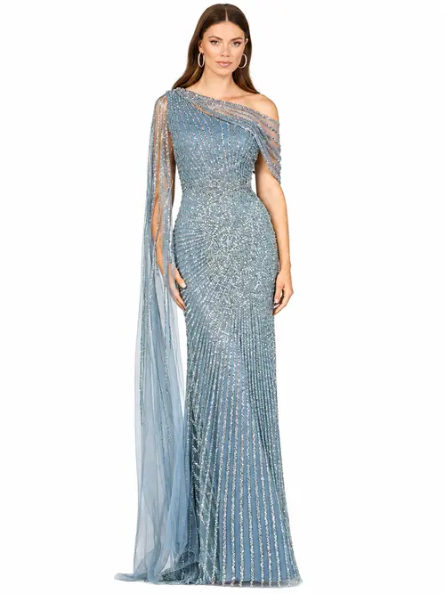 LARA NEW YORK One Shoulder Metallic Gown With Cape Effect - Slate