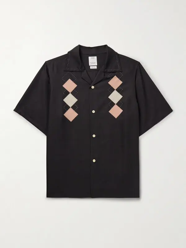 Visvim Keesey Convertible-collar Embroidered Appliquéd Silk-shantung Shirt