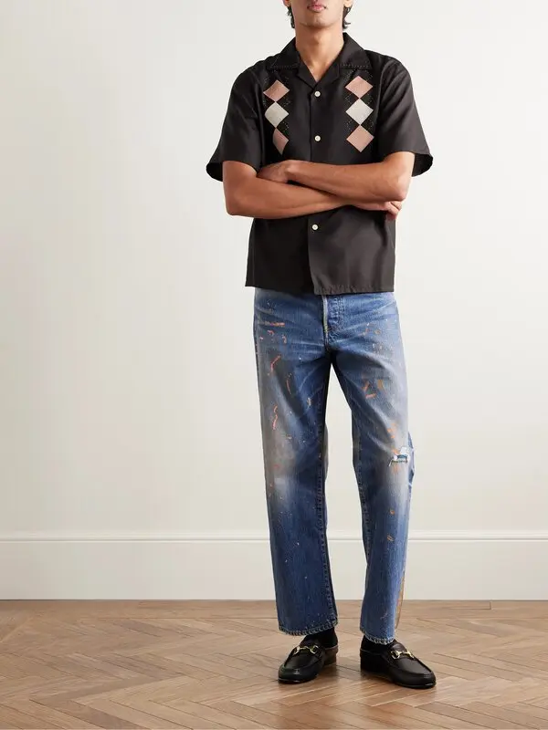 Visvim Keesey Convertible-collar Embroidered Appliquéd Silk-shantung Shirt