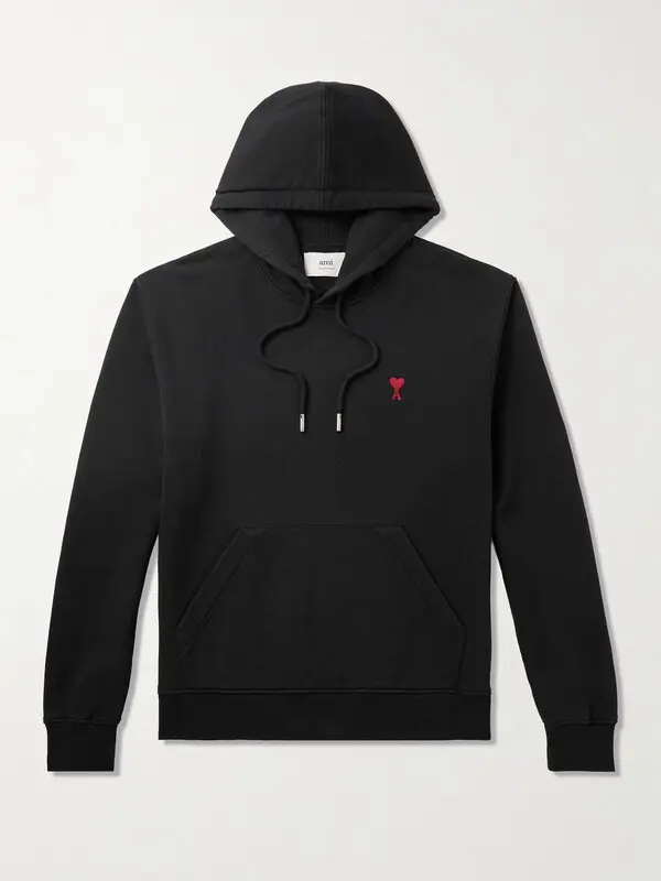 AMI Paris Logo-embroidered Cotton-jersey Hoodie - Black
