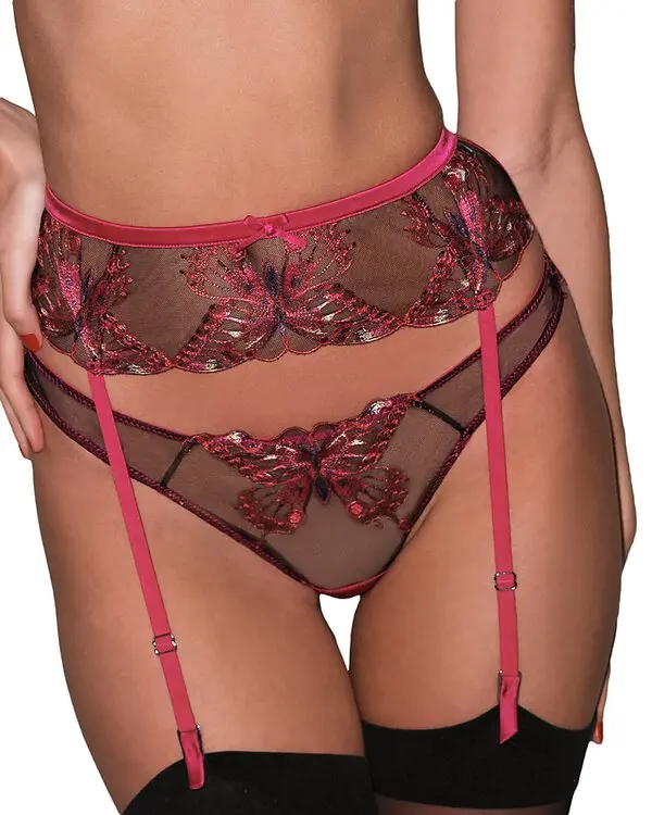 Fleur Du Mal Butterfly Embroidered Garter - Cerise