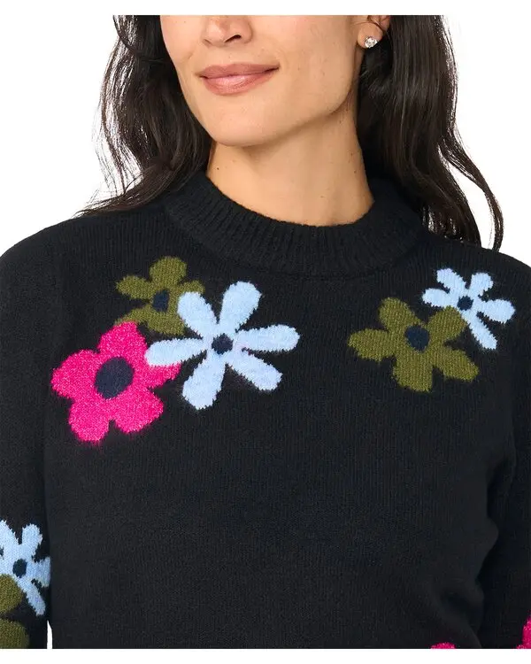 CECE DUPRAZ Floral Knit Pullover Sweater - Rich Black