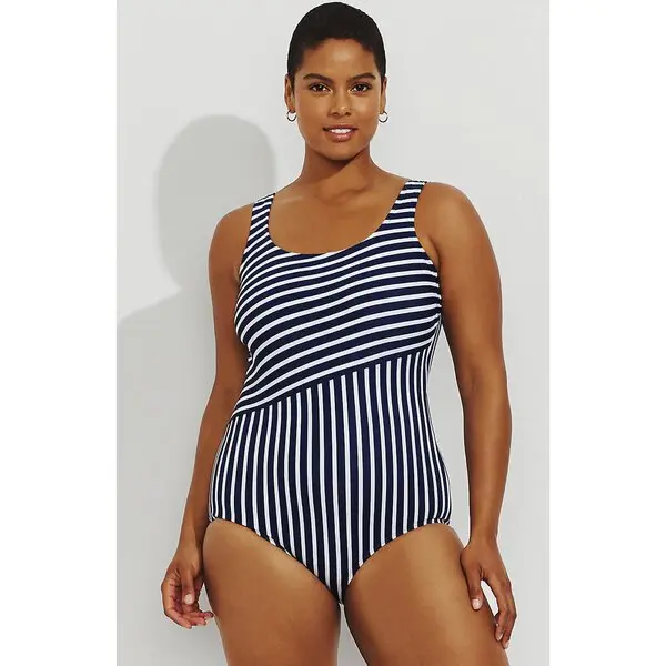 LANDS' END Chlorine Resistant Scoop Neck One Piece Swimsuit - Deep Sea/white Media Stripe