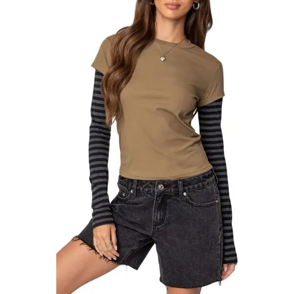 EDIKTED Eliana Layered T-shirt - Olive