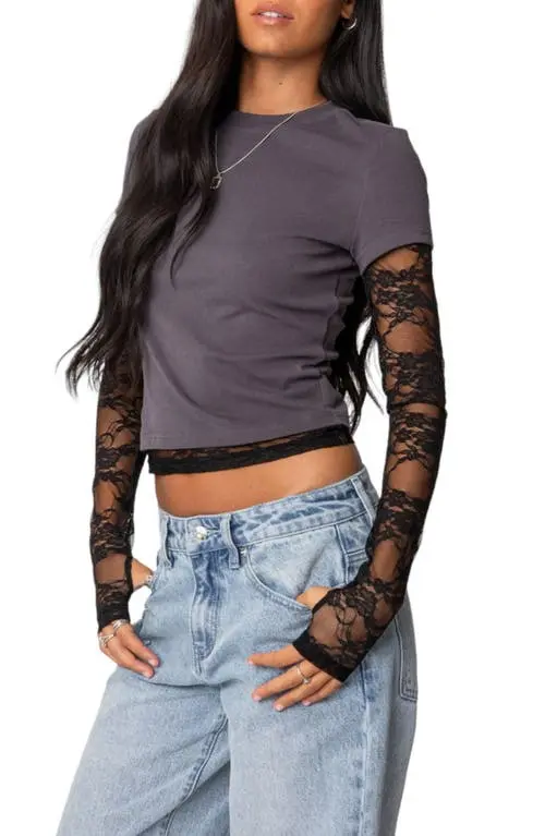 EDIKTED Layered Lace Long Sleeve T-shirt - Gray