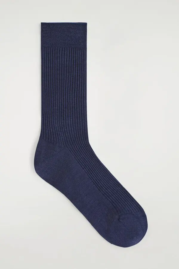 Cos Ribbed Mulberry Silk Blend Socks - Navy