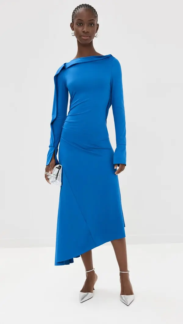 Victoria Beckham Long-Sleeve Draped Midi Dress In Ocean Blue - 75% Off |  Editorialist