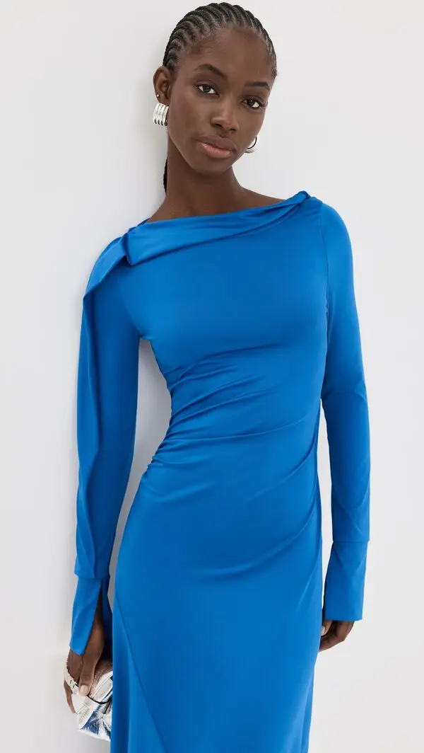 Victoria Beckham Long-Sleeve Draped Midi Dress In Ocean Blue - 75% Off |  Editorialist