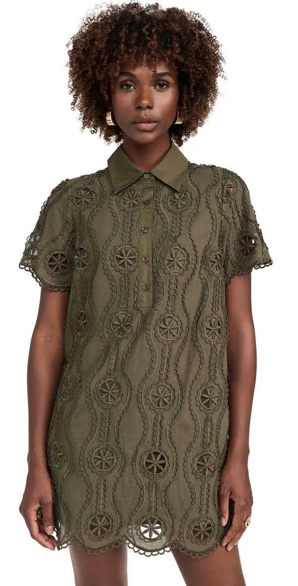 English Factory Scallop Embroidered Mini Dress - Olive | Editorialist