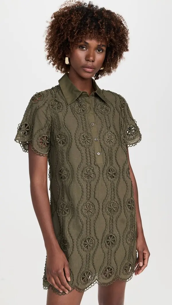 English Factory Scallop Embroidered Mini Dress - Olive