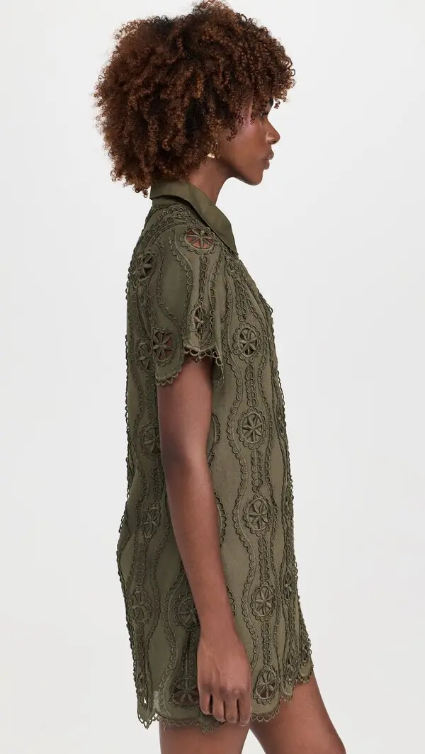 English Factory Scallop Embroidered Mini Dress - Olive