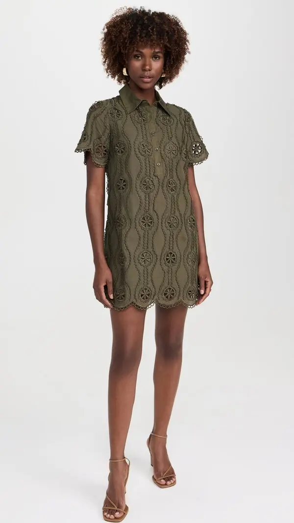 English Factory Scallop Embroidered Mini Dress - Olive