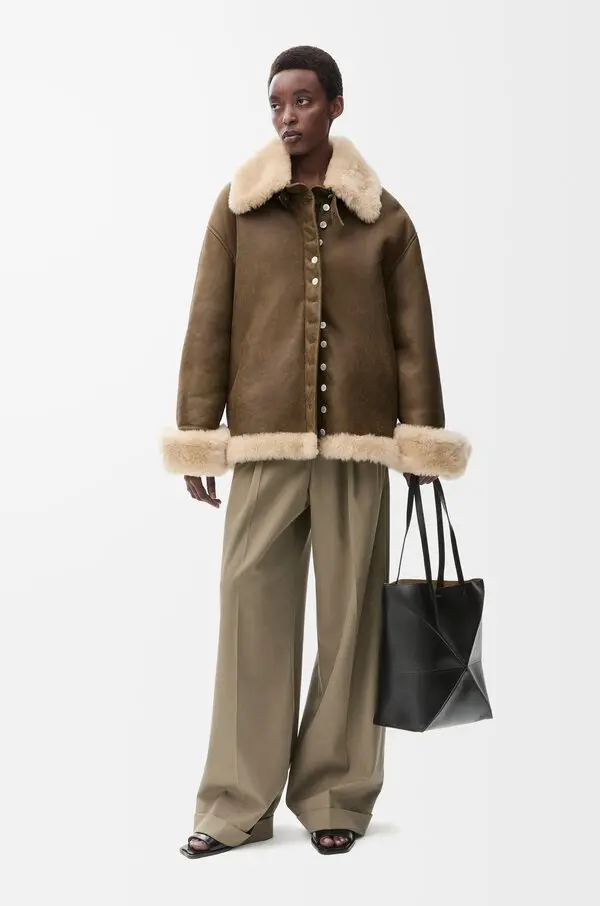 Loewe Luxury Jacket In Shearling - Khaki/white