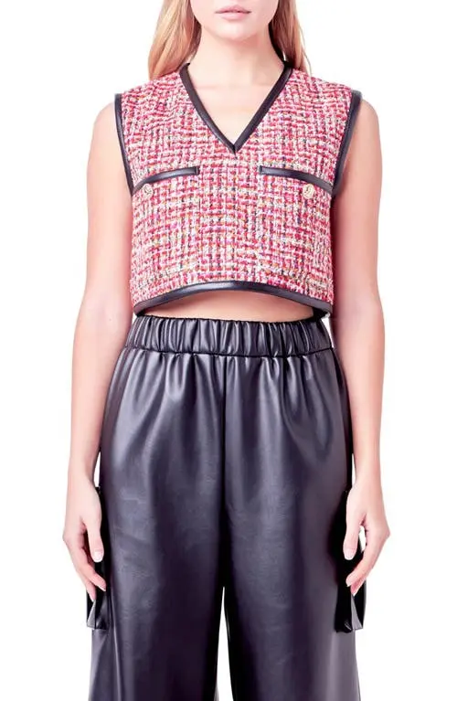 English Factory Faux Leather Trim Tweed Vest - Red Multi