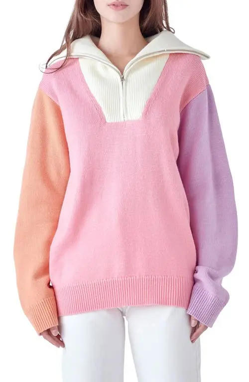 English Factory Colorblock Half Zip Sweater - Pink Multi