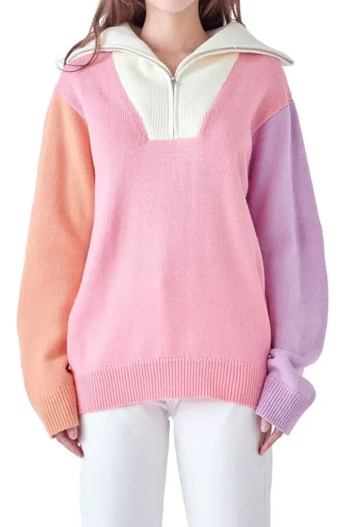 English Factory Colorblock Half Zip Sweater - Pink Multi