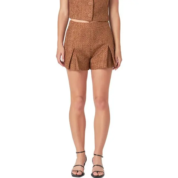 Endless Rose Pleated Tweed Shorts - Camel