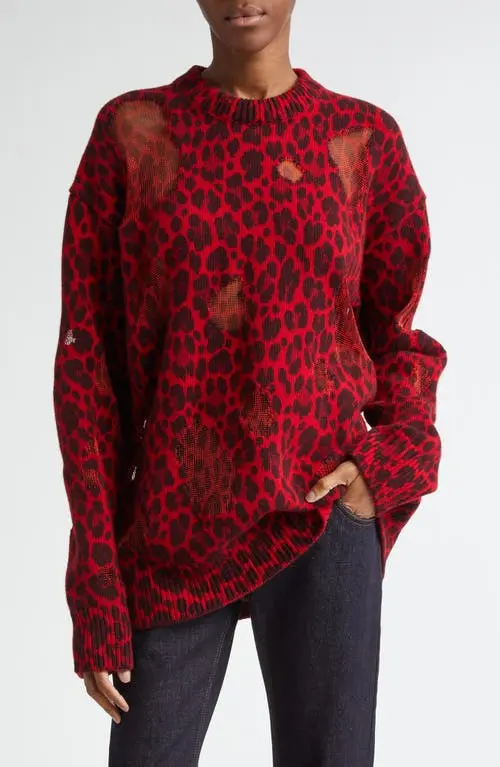 Versace Leopard Jacquard Distressed Virgin Wool Blend Sweater