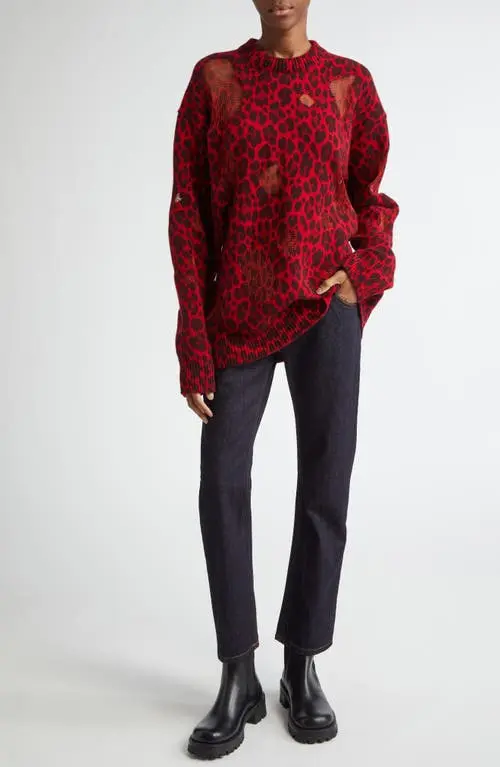Versace Leopard Jacquard Distressed Virgin Wool Blend Sweater