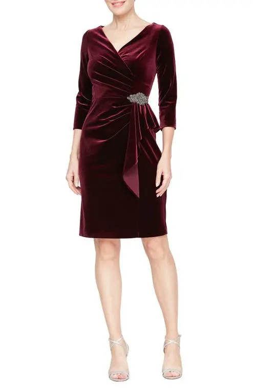Alex Evenings Pleated Velvet Sheath Dress - Wine