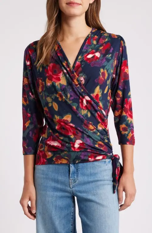 Loveappella Floral-print Faux-wrap Top - Blue Multi