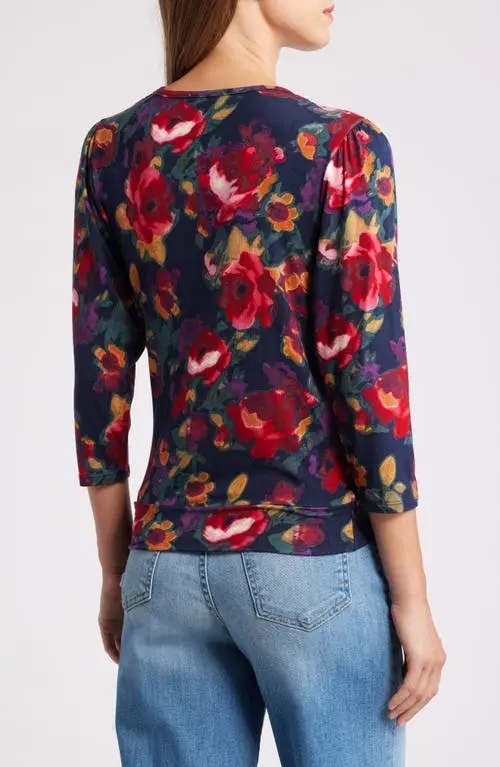 Loveappella Floral-print Faux-wrap Top - Blue Multi