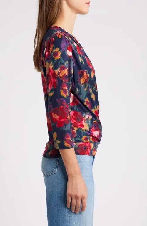Loveappella Floral-print Faux-wrap Top - Blue Multi
