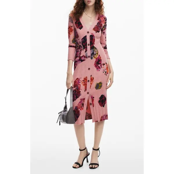 Desigual Floral Print Ribbed Sweater Dress