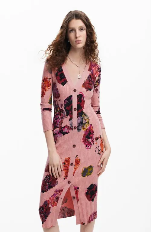 Desigual Floral Print Ribbed Sweater Dress